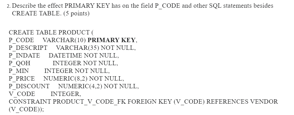 Solved 2. Describe the effect PRIMARY KEY has on the field | Chegg.com