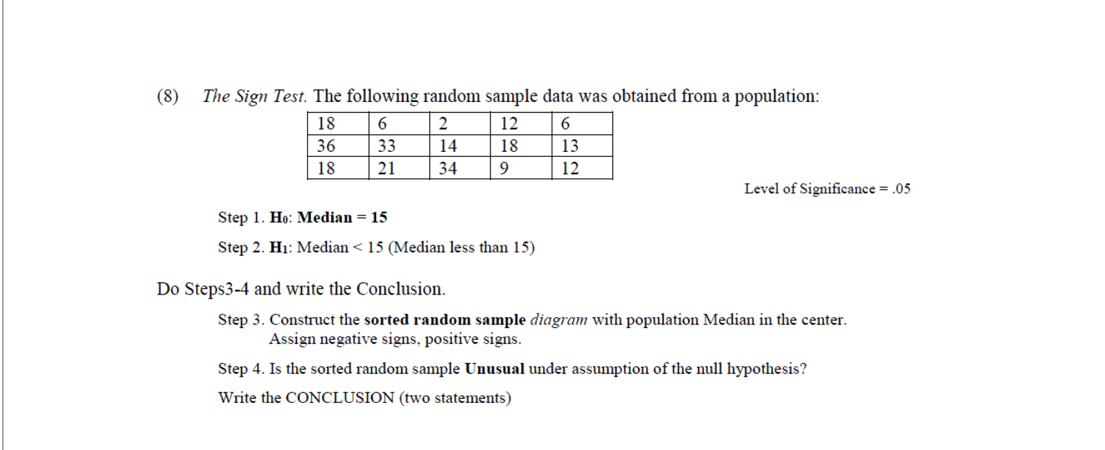 Solved (8) The Sign Test. The following random sample data | Chegg.com