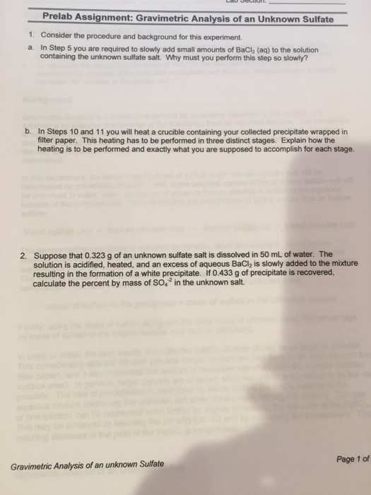 Prelab Assignment: Gravimetric Analysis of an Unknown | Chegg.com