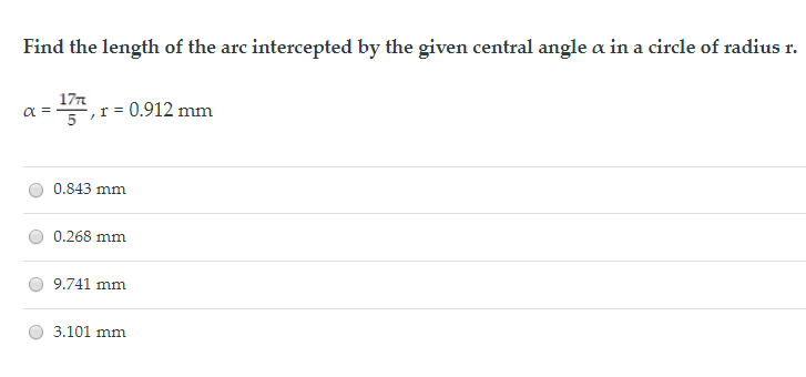 Solved Find the length of the arc intercepted by the given | Chegg.com