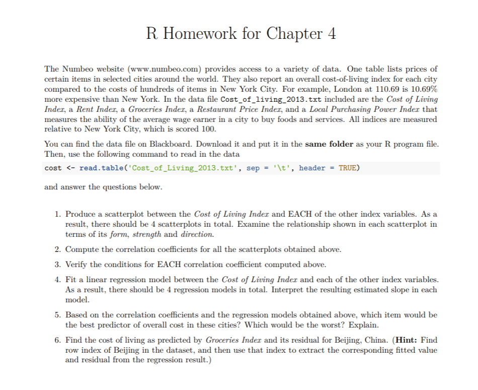 R Homework for Chapter 4 The Numbeo website | Chegg.com