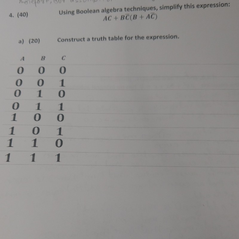 Solved 4. (40) Using Boolean algebra techniques, simplify | Chegg.com