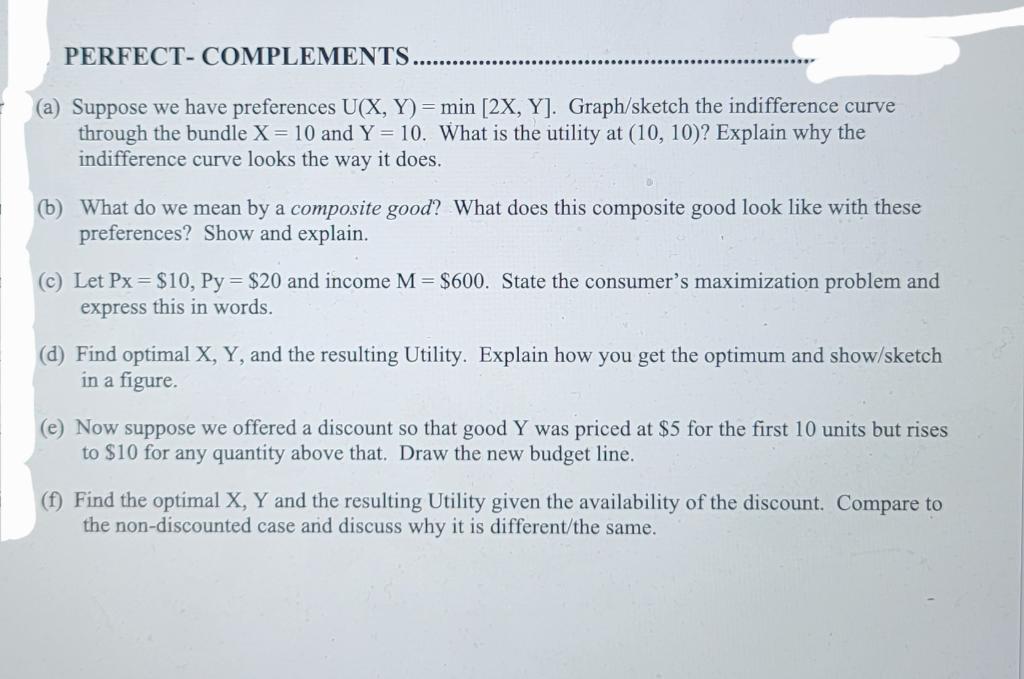 Solved PERFECT-COMPLEMENTS. (a) Suppose we have preferences | Chegg.com