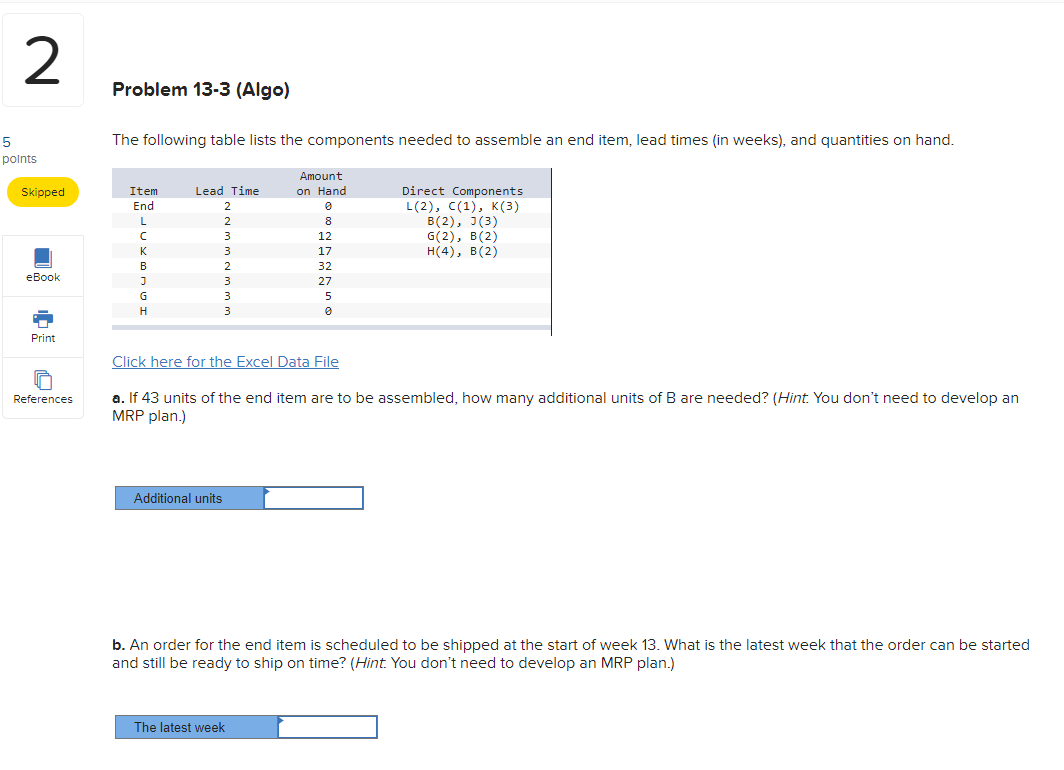 Solved 2 Problem 13-3 (Algo) The following table lists the | Chegg.com