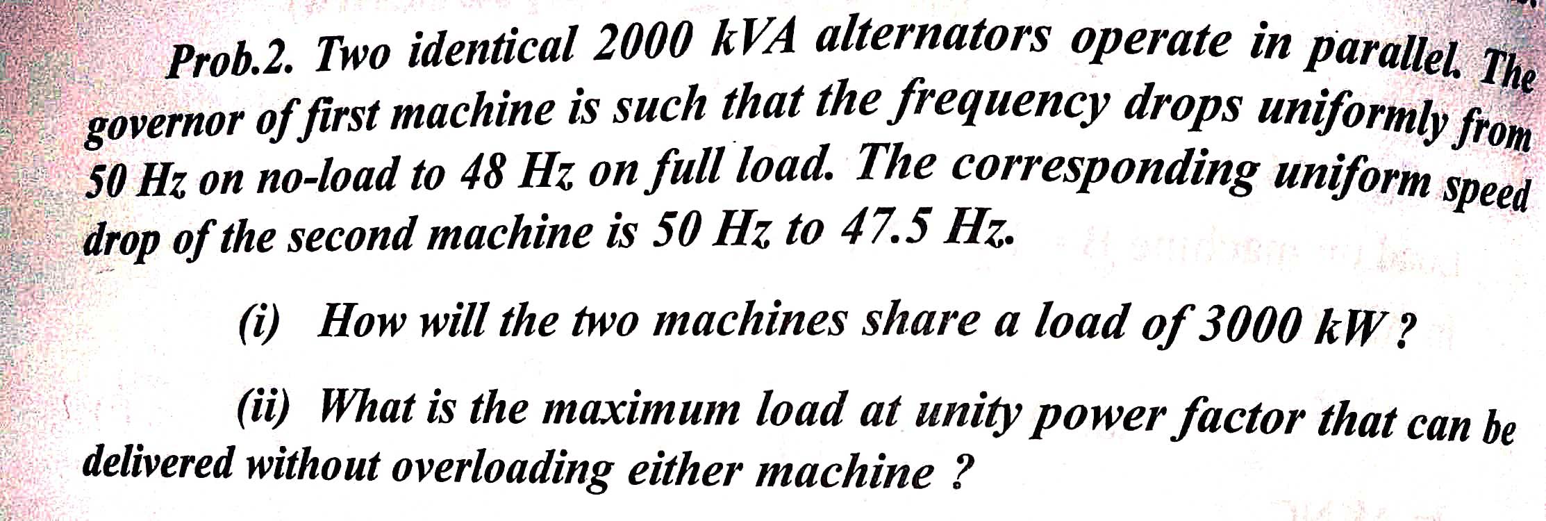 Solved Prob.2. Two identical 2000 kVA alternators operate in | Chegg.com