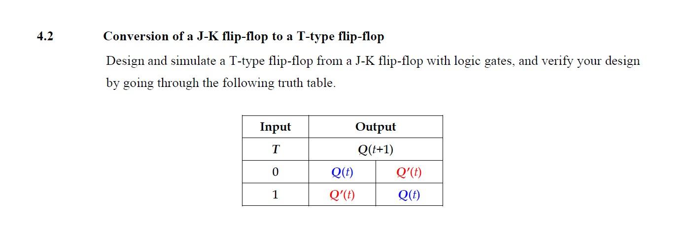 Solved 4.2 Conversion of a J-K flip-flop to a T-type | Chegg.com