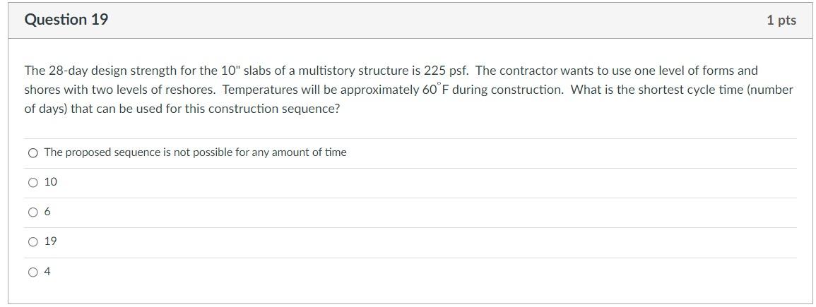 Solved Question 19 1 pts The 28-day design strength for the | Chegg.com