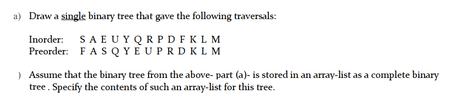 Solved a) Draw a single binary tree that gave the following | Chegg.com