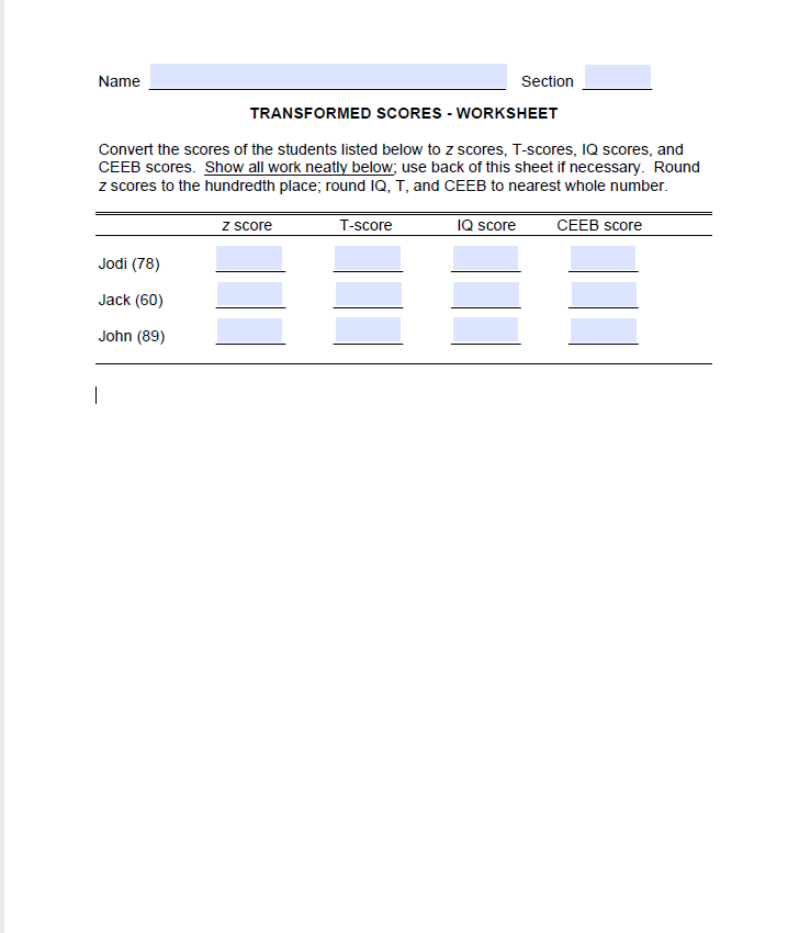Name Section TRANSFORMED SCORES - WORKSHEET Convert | Chegg.com
