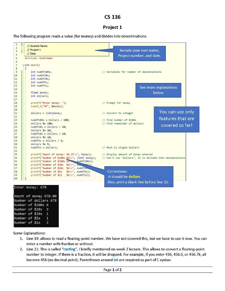 Solved The following program reads a value (for money) and | Chegg.com