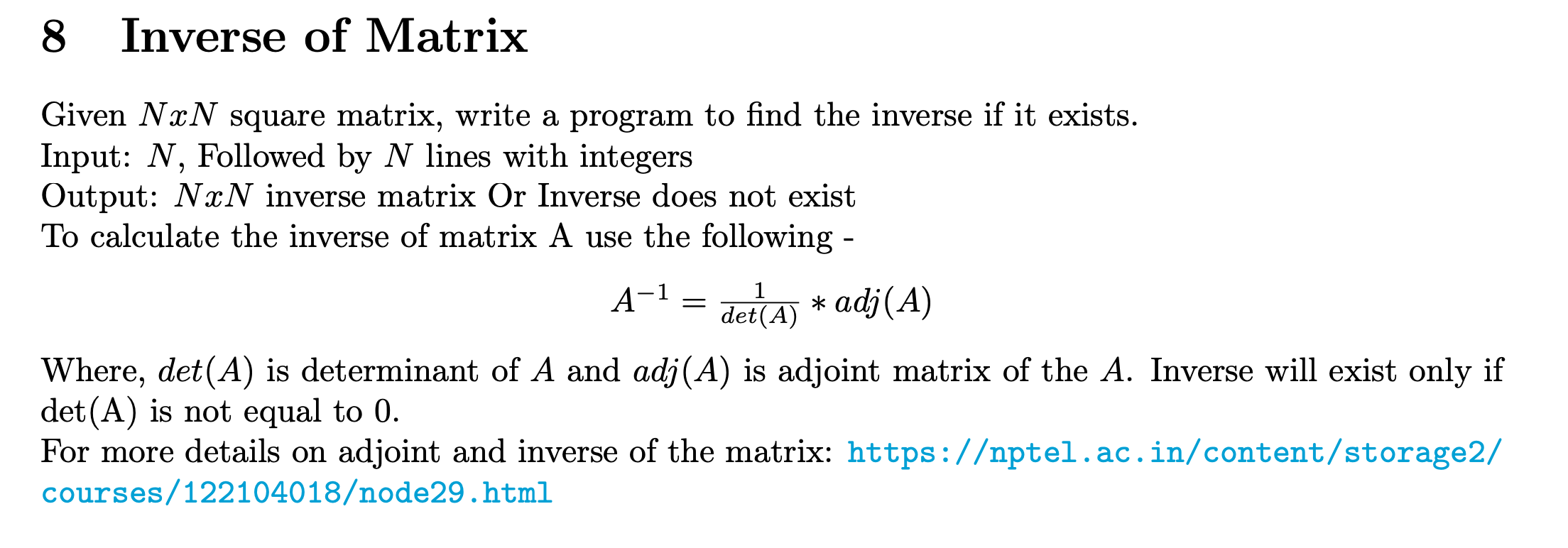 Solved 8 Inverse of Matrix Given N&N square matrix, write a | Chegg.com