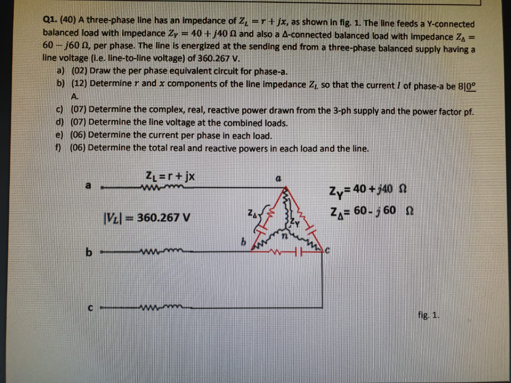 Solved Q1. (40) A three-phase line has an impedance of Z, | Chegg.com