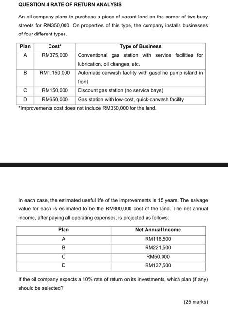 Solved QUESTION 4 RATE OF RETURN ANALYSIS An oil company | Chegg.com