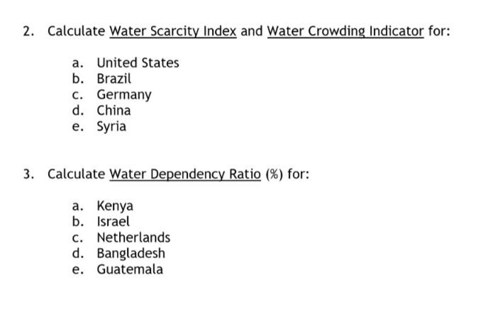 2. Calculate Water Scarcity Index and Water Crowding | Chegg.com