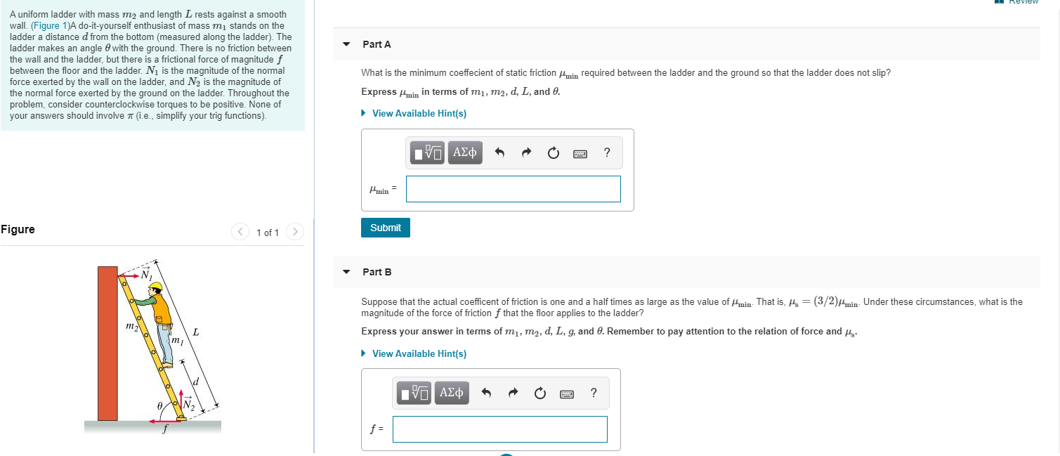 Solved A uniform ladder with mass m2 and length L rests | Chegg.com