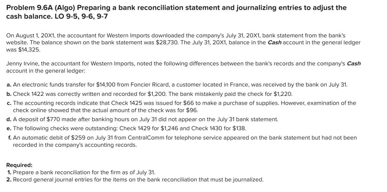 Solved Problem 9.6A (Algo) Preparing a bank reconciliation | Chegg.com