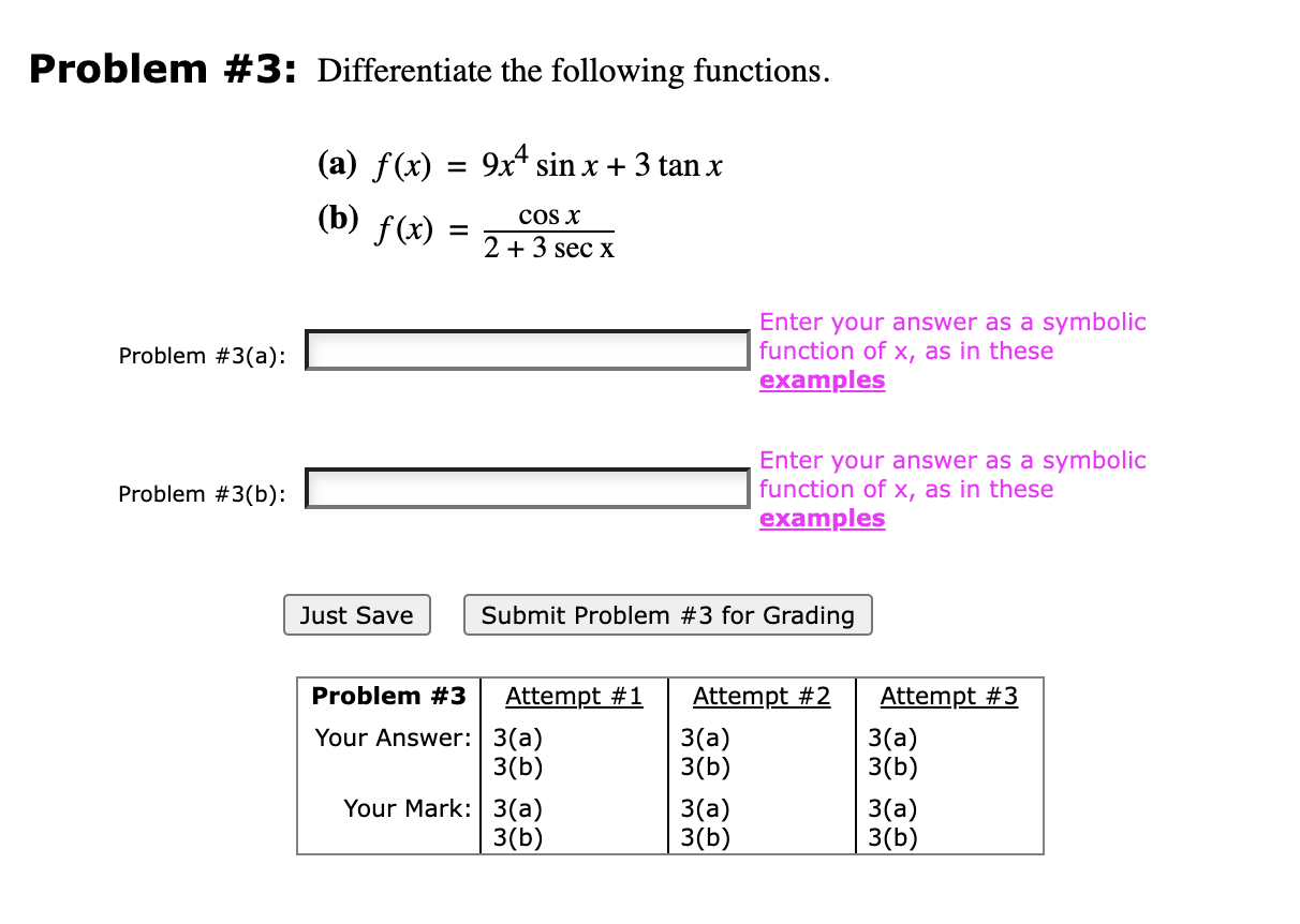 Solved Problem #3: Differentiate the following | Chegg.com
