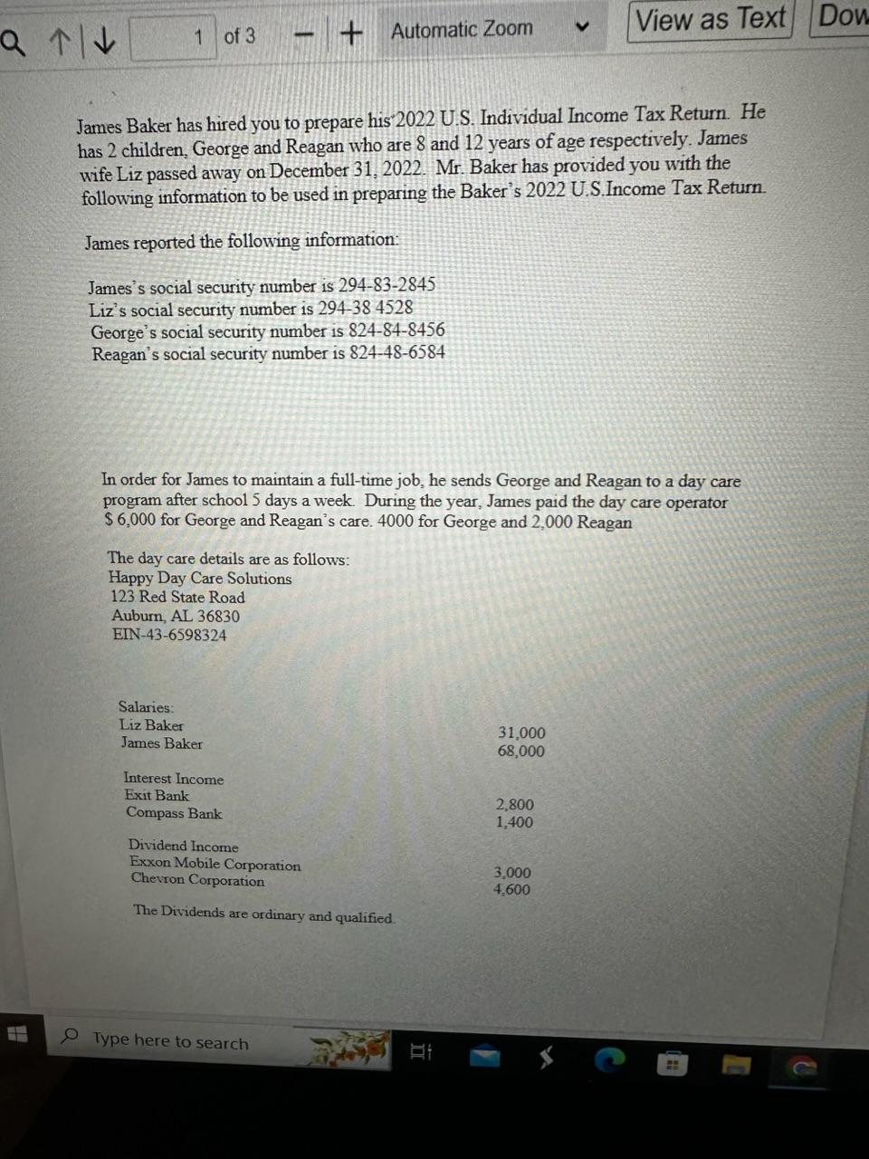 James Baker has hired you to prepare his 2022 U.S. | Chegg.com