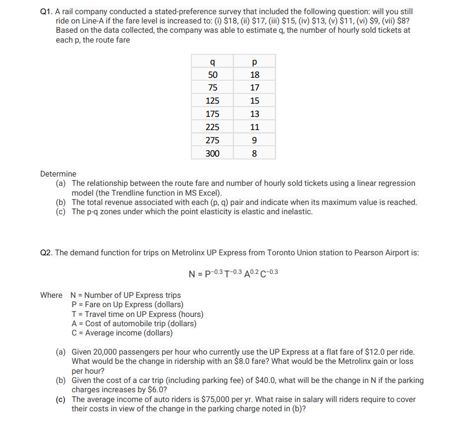 Solved Q1. A rail company conducted a stated-preference | Chegg.com