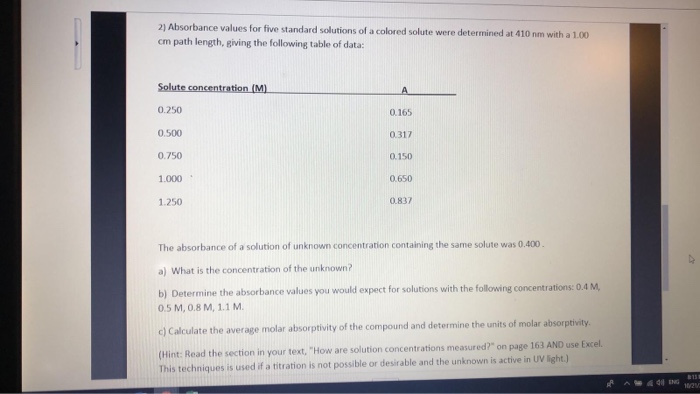 Solved 2) Absorbance values for five standard solutions of a | Chegg.com