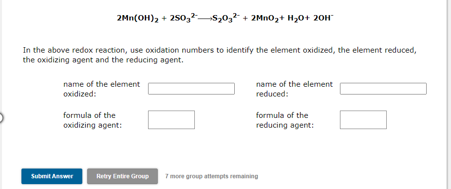 Solved 2Mn(OH)2+2SO32− S2O32−+2MnO2+H2O+2OH− In the above | Chegg.com