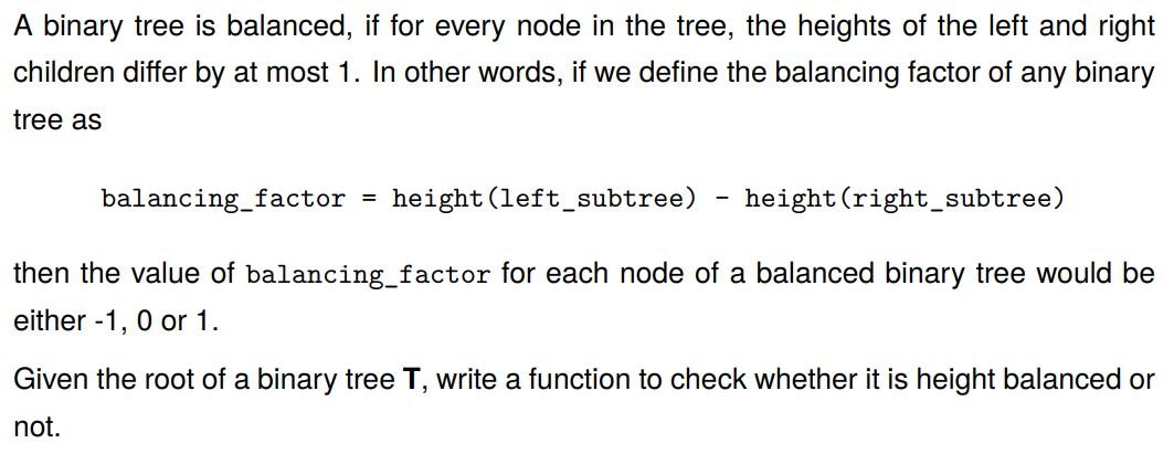 Solved A binary tree is balanced, if for every node in the | Chegg.com