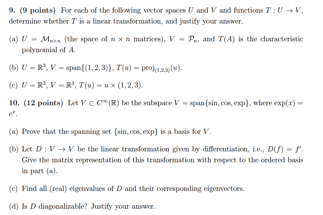 Solved 9. (9 points) For each of the following vector spaces | Chegg.com