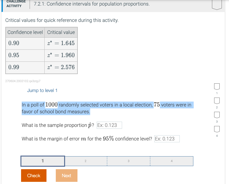 Solved CHALLENGE ACTIVITY 7.2.1: Confidence intervals for | Chegg.com