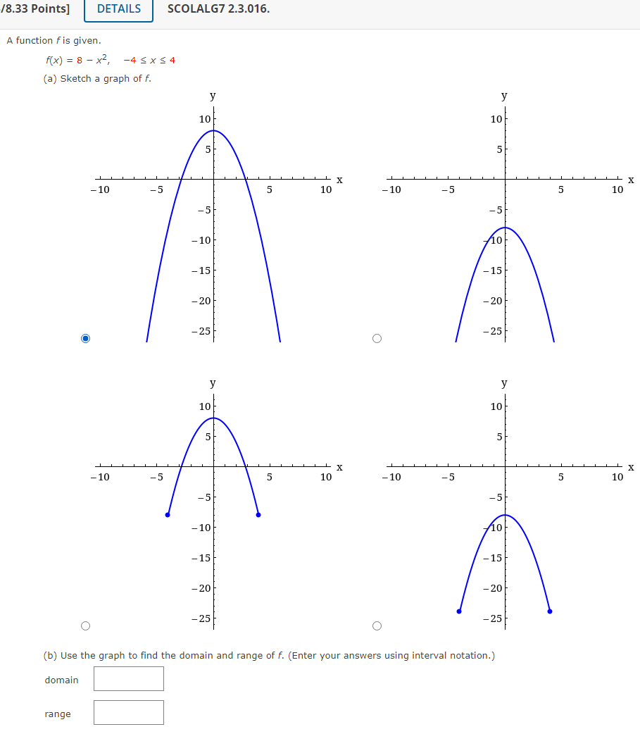 Solved A function f is given. f(x)=8−x2,−4≤x≤4 (a) Sketch a | Chegg.com