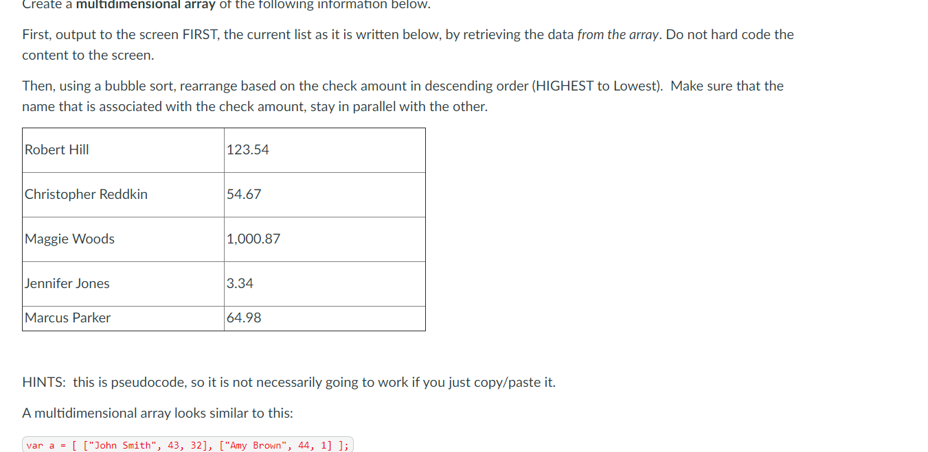 Solved Create a multidimensional array of the following | Chegg.com
