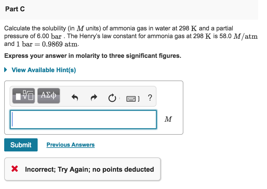 Solved Part C Calculate the solubility (in M units) of | Chegg.com