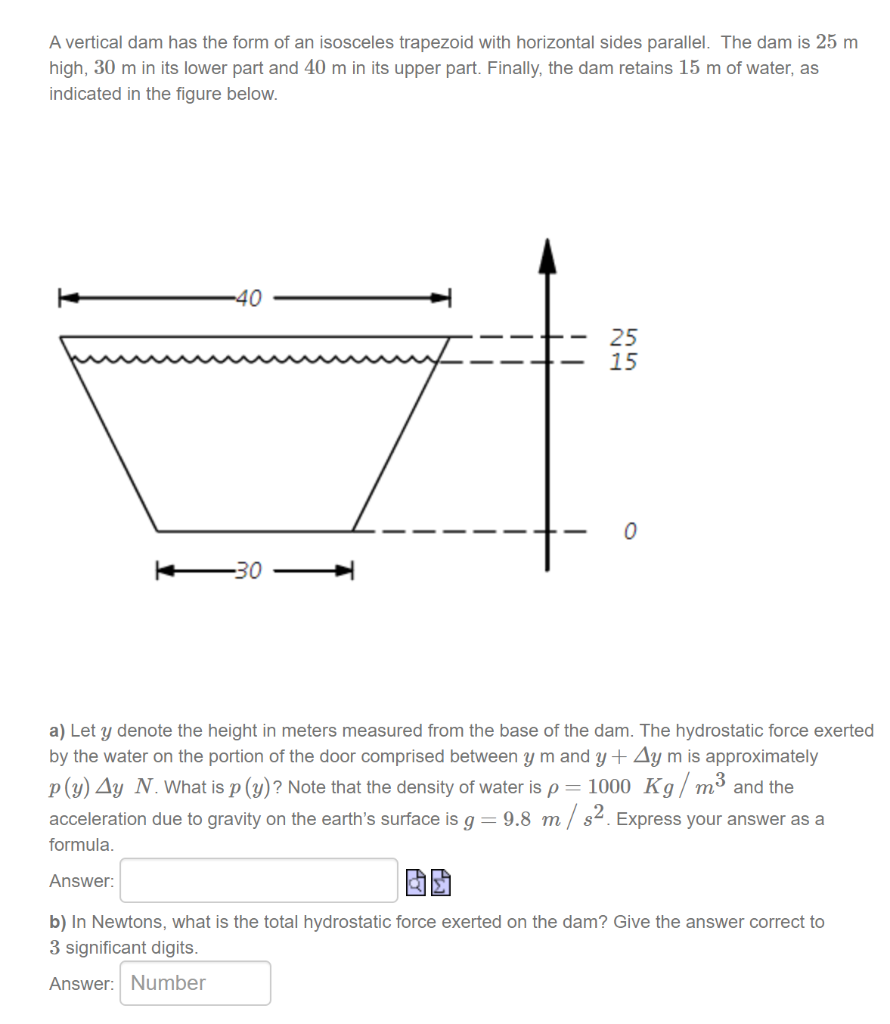 Solved A vertical dam has the form of an isosceles trapezoid | Chegg.com
