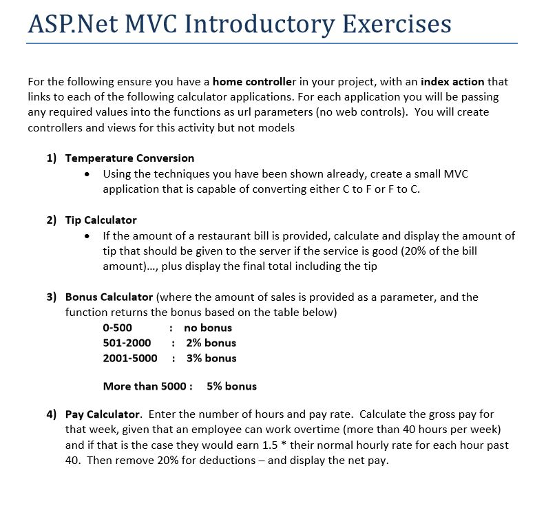 Solved Aspnet Mvc Introductorv Exercises For The Following 4720