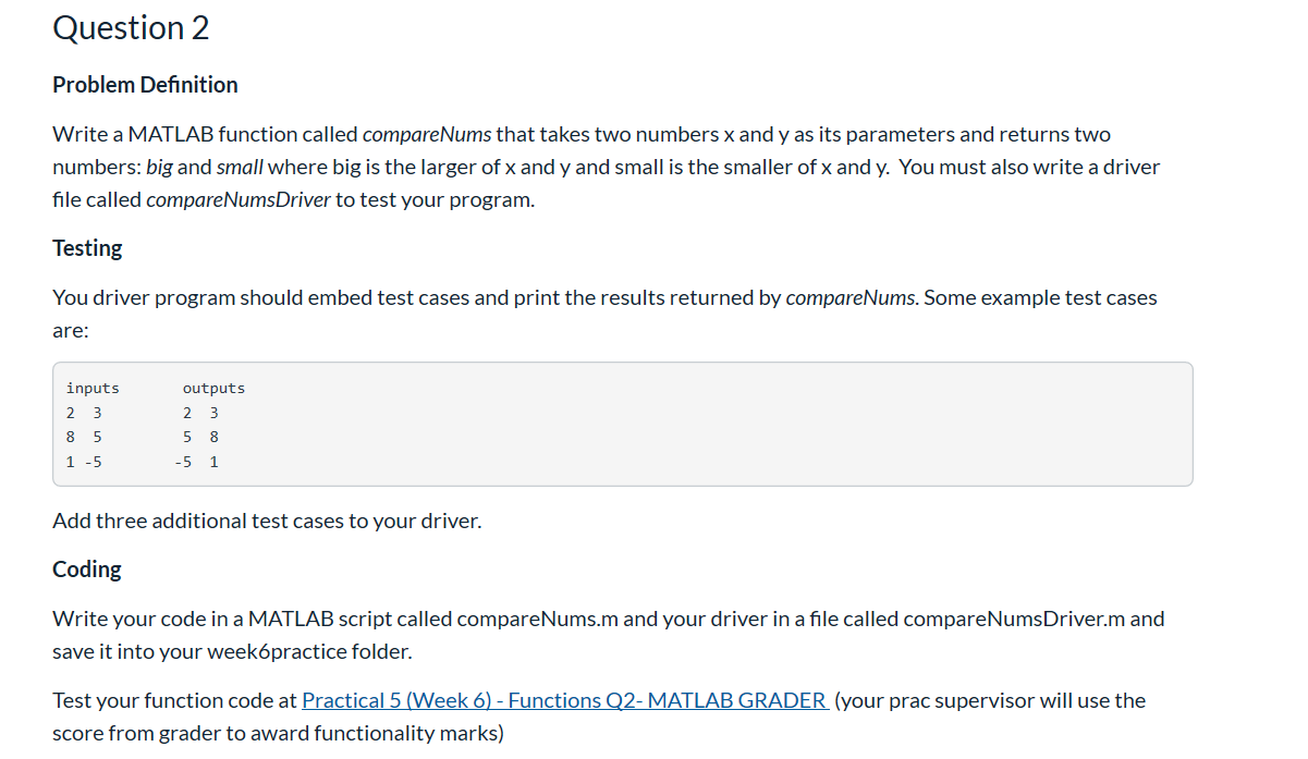 Solved Question 2 Problem Definition Write A Matlab Function