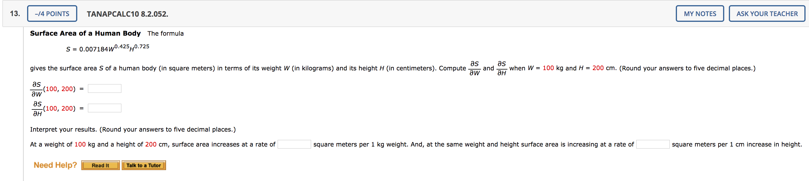 Solved Surface Area of a Human Body The formula S | Chegg.com