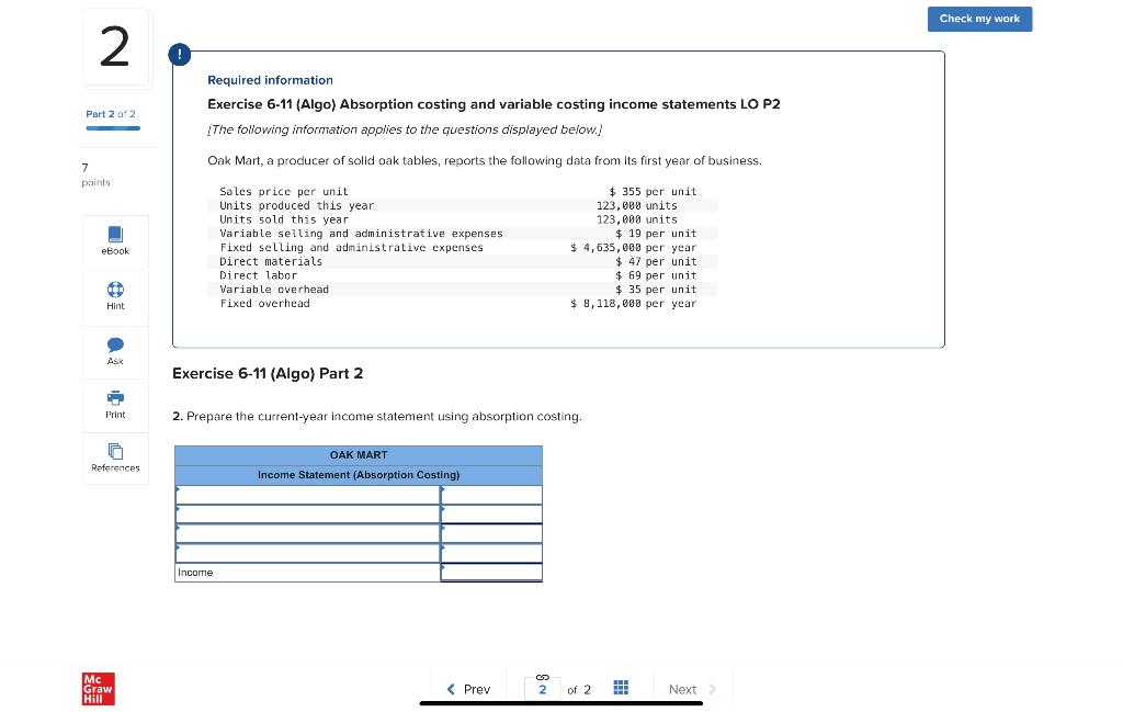 Solved Exercise 6-11 (Algo) Absorption costing and variable | Chegg.com