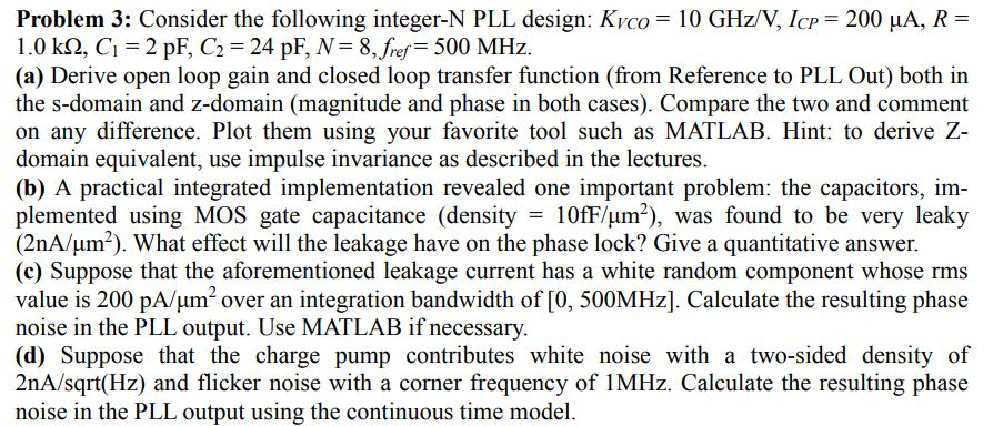 Problem 3: Consider the following integer-N PLL | Chegg.com