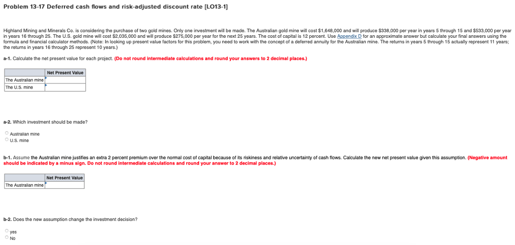 Solved Problem 13-17 Deferred cash flows and risk-adjusted | Chegg.com