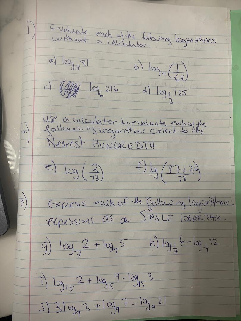 Solved Without a calculator. a) log381 b) log4(641) c) | Chegg.com
