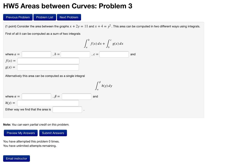 Solved HW5 Areas between Curves: Problem 3 Previous Problem | Chegg.com