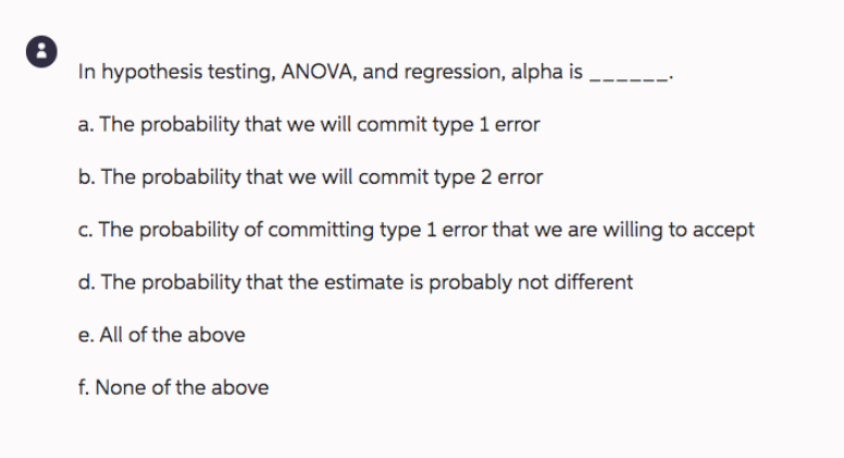 Solved 8In hypothesis testing, ANOVA, and regression, alpha | Chegg.com Solved 8In hypothesis testing, ANOVA, and regression, alpha | Chegg.com
