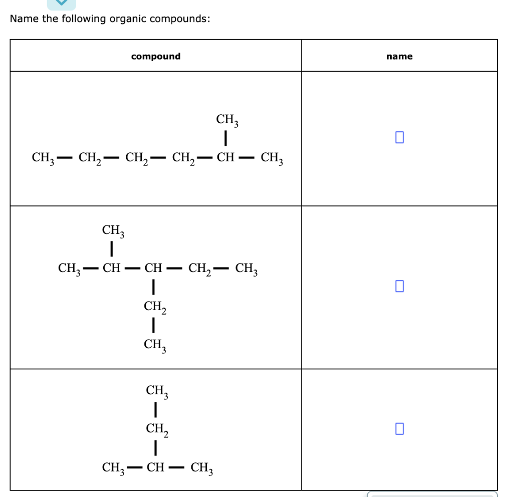 Solved Name the following organic compounds: compound name | Chegg.com