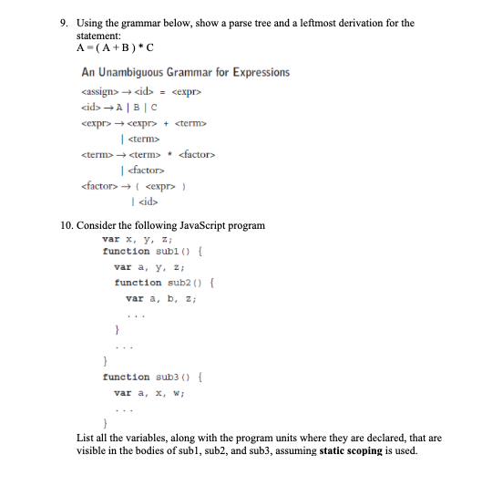 Solved statement: 9. Using the grammar below, show a parse | Chegg.com