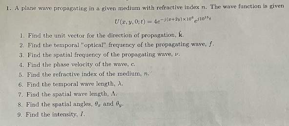 Solved 1 A Plane Wave Propagating In A Given Medium With