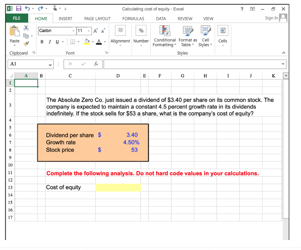 Solved Calculating cost of equity - Excel HOME INSERT PAGE | Chegg.com