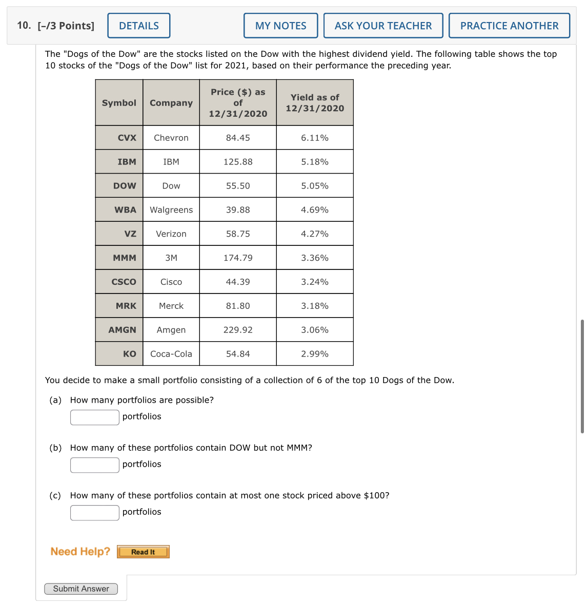 [-/3 Points]\\nThe "Dogs of the Dow" are the stocks | Chegg.com
