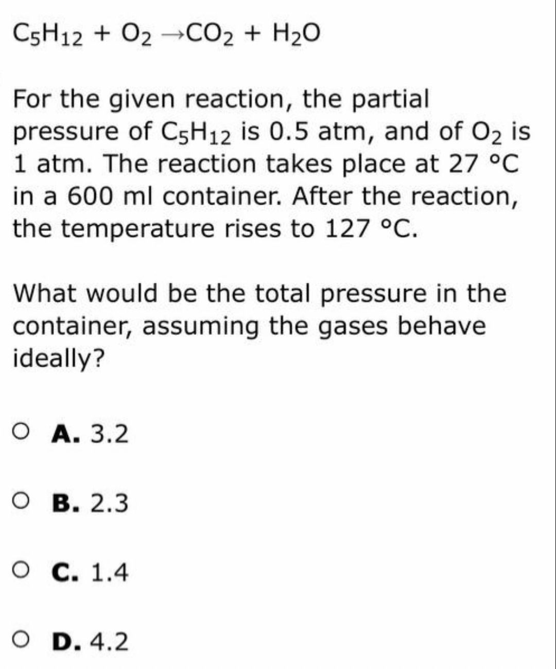 Solved C5H12+O2→CO2+H2OFor the given reaction, the partial | Chegg.com