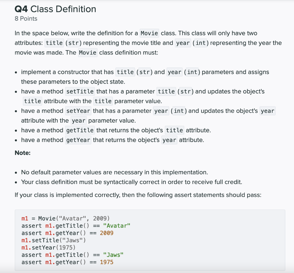 Q4 Class Definition 8 Points Note: - No default | Chegg.com