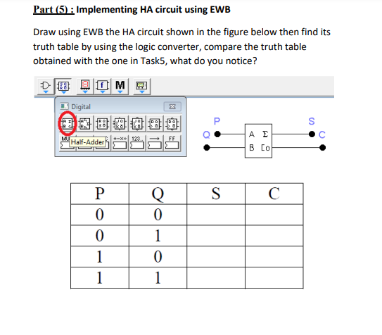 Solved Part (5) : Implementing HA circuit using EWB Draw | Chegg.com