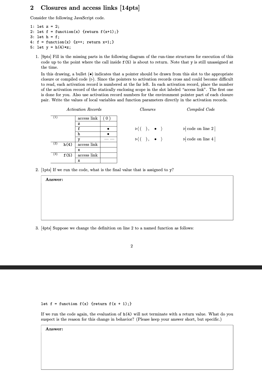 Solved 2 Closures and access links [14pts] Consider the | Chegg.com